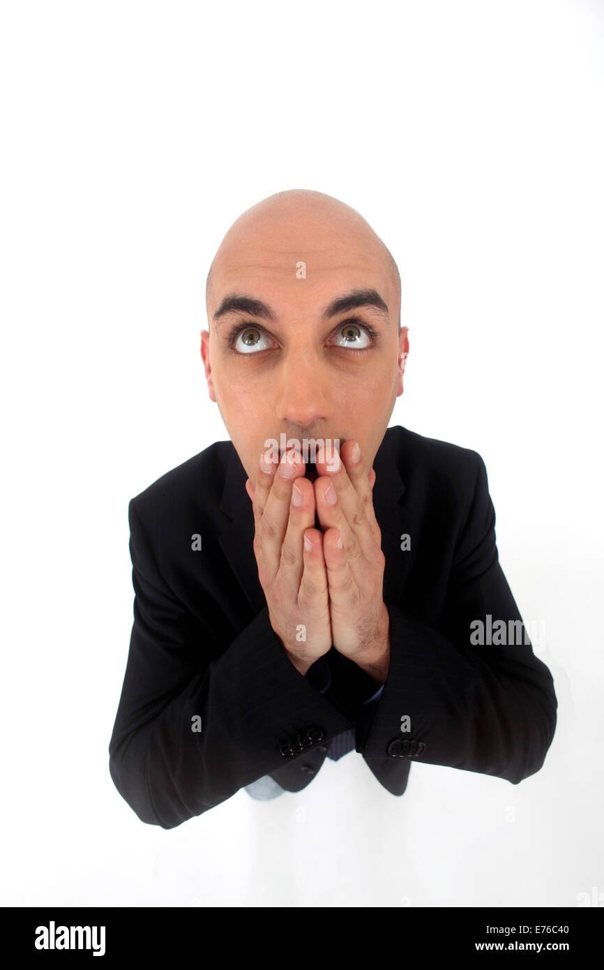 Bald man with expression of surprise on white background Stock Photo ...