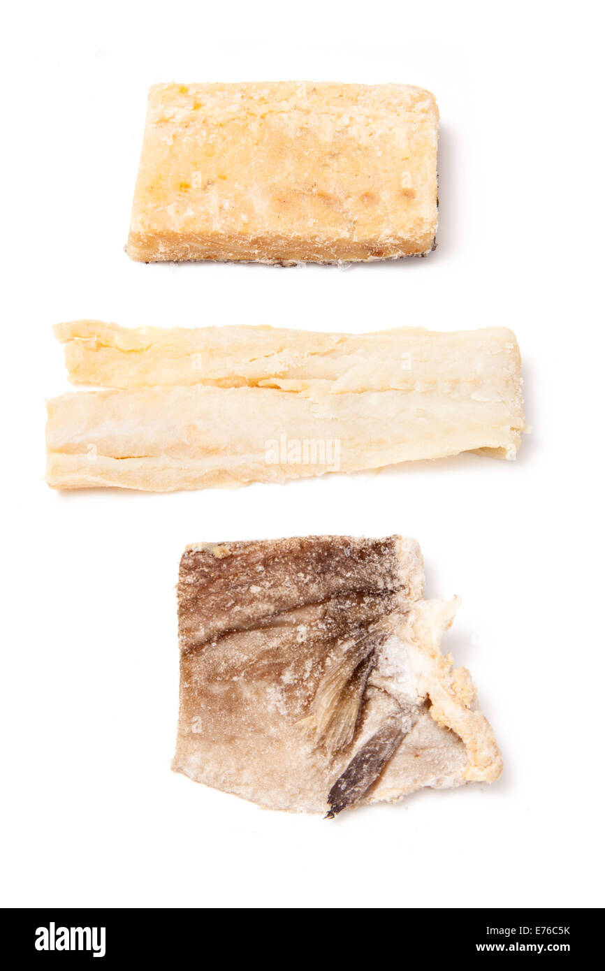 Pieces of salt cod fish isolated on a white studio background Stock ...