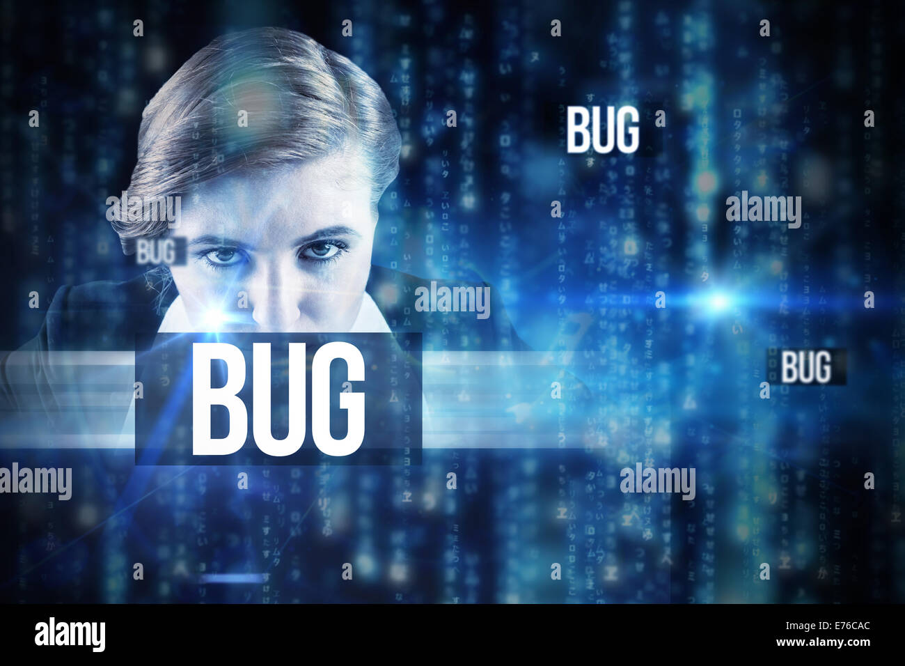 Bug against lines of blue blurred letters falling Stock Photo - Alamy
