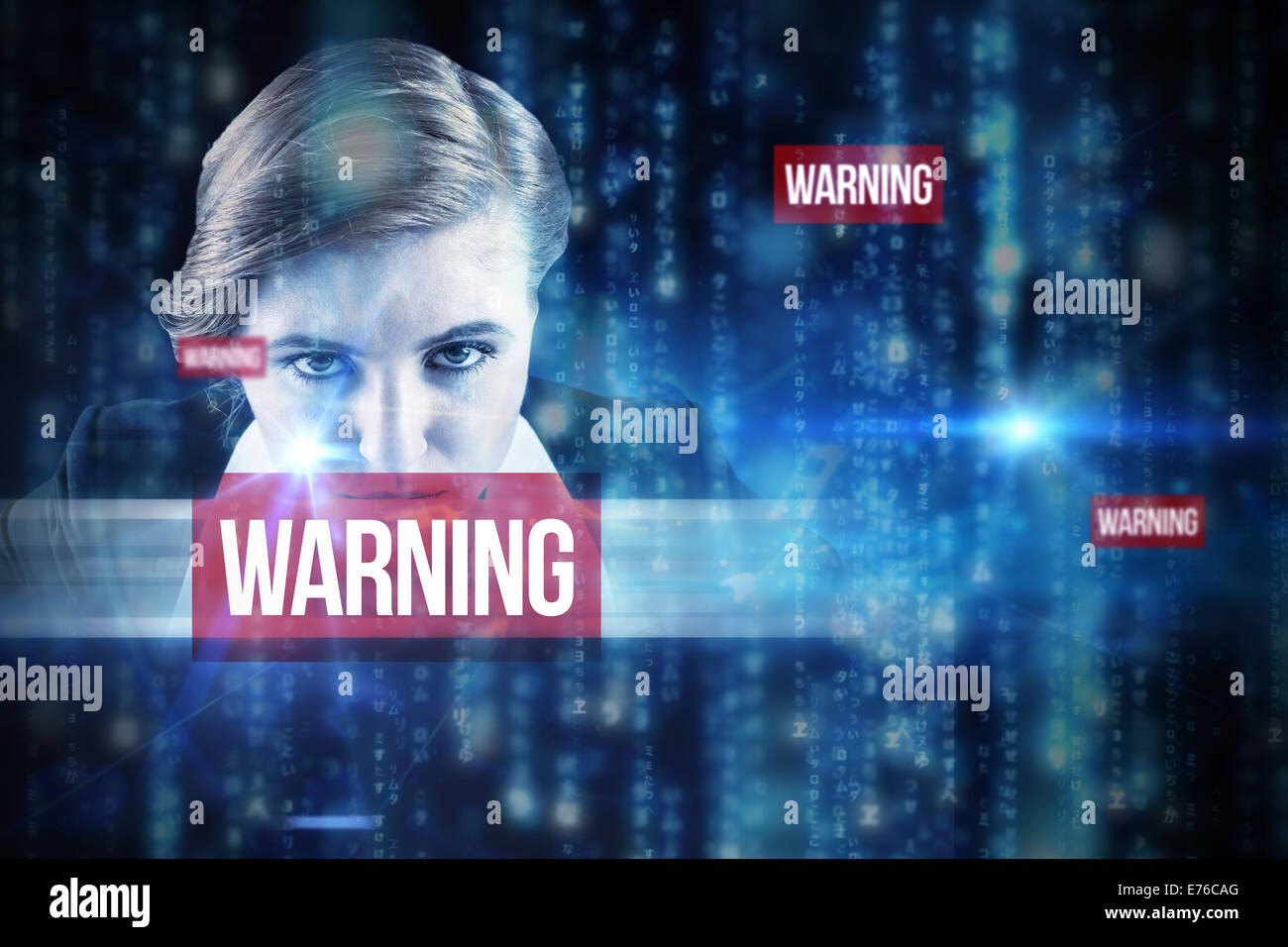 Warning against lines of blue blurred letters falling Stock Photo - Alamy