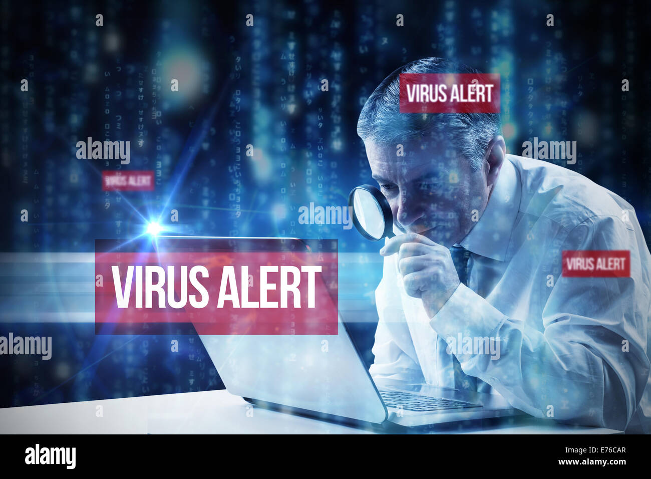 Virus alert against lines of blue blurred letters falling Stock Photo ...