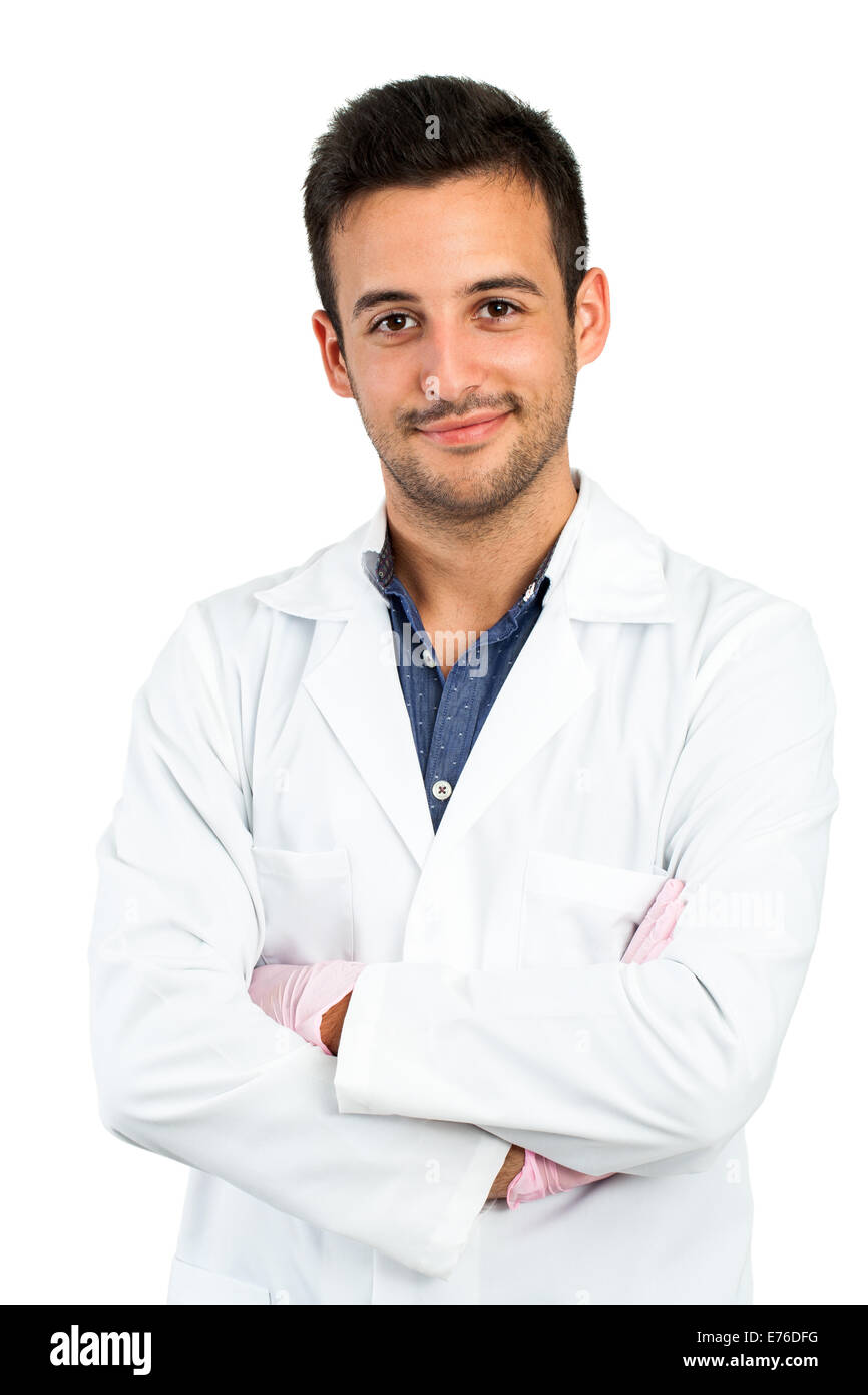 Close up portrait of young male doctor isolated on white background ...