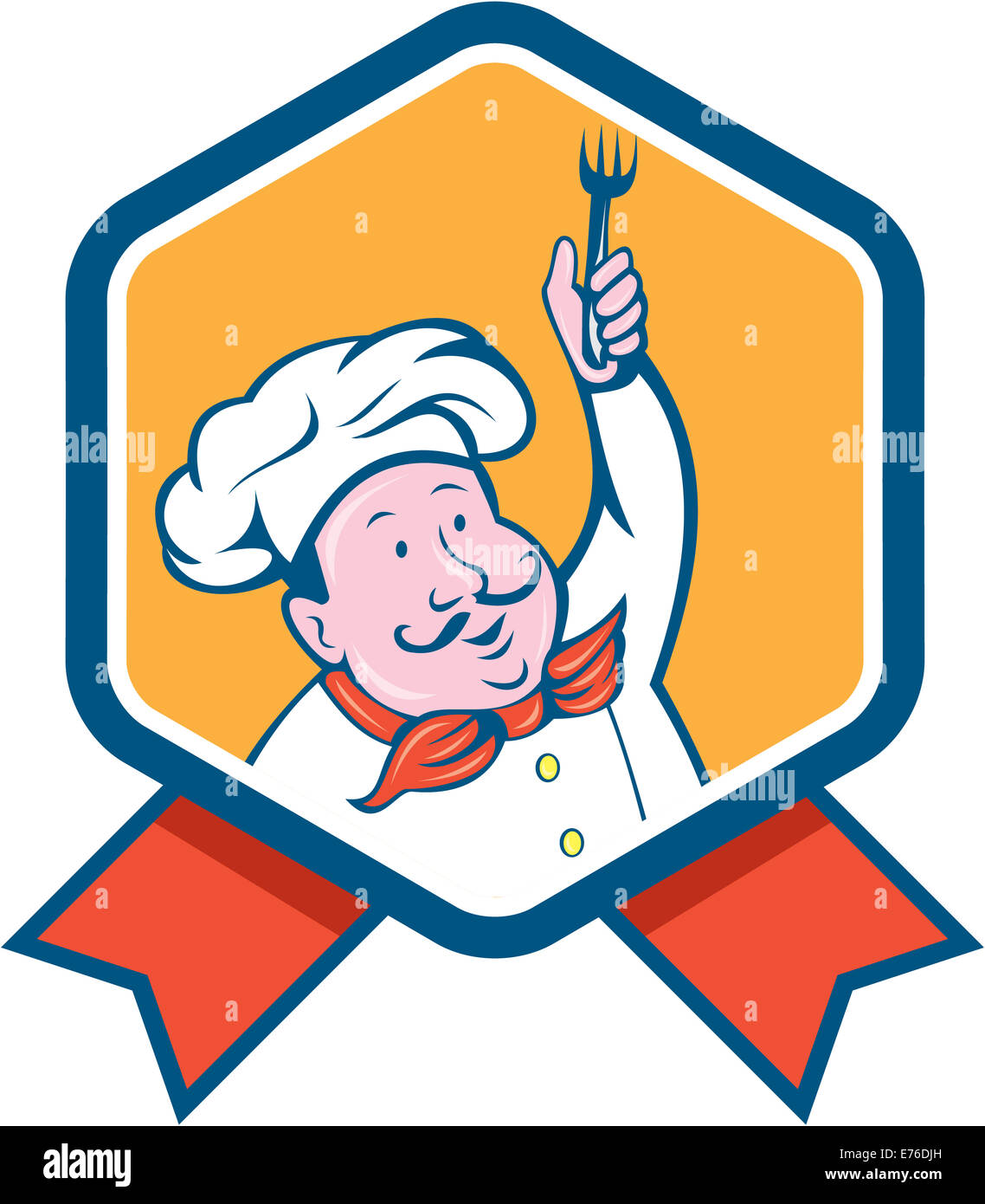 Illustration of a chef cook holding fork set inside ribbon shape on ...