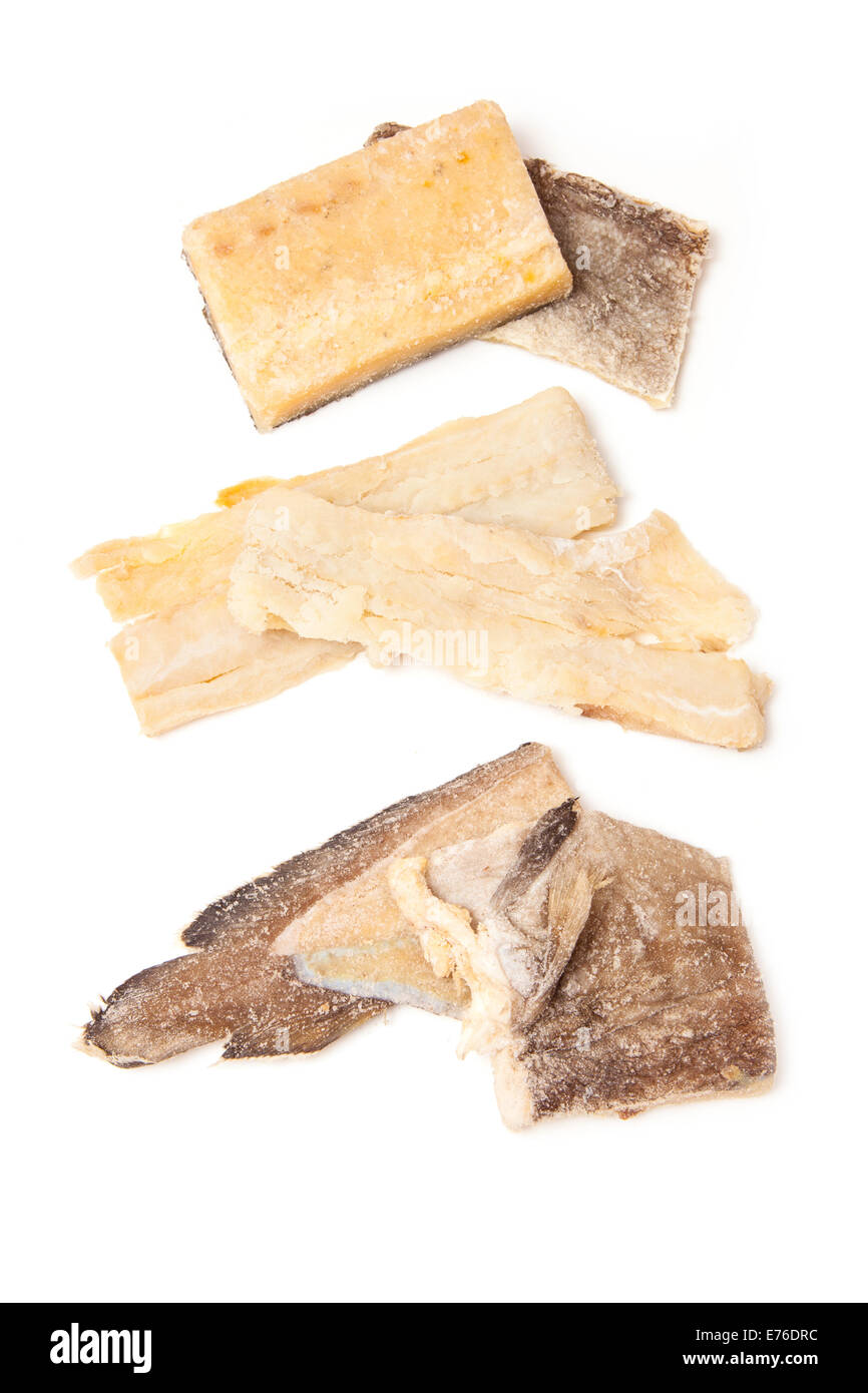Pieces of salt cod fish isolated on a white studio background Stock ...