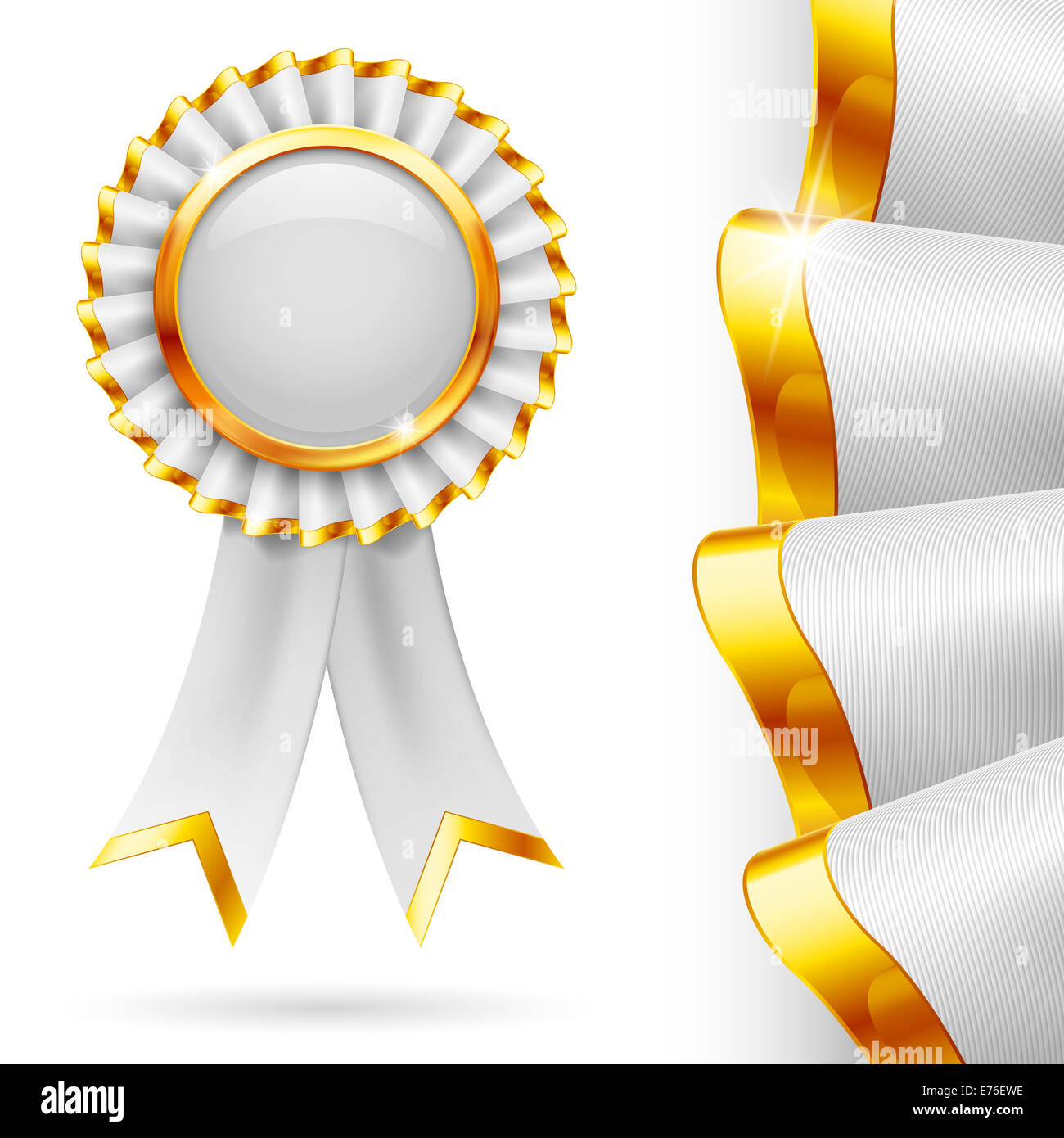 Shiny white award ribbon with golden edging. Fabric with highly ...
