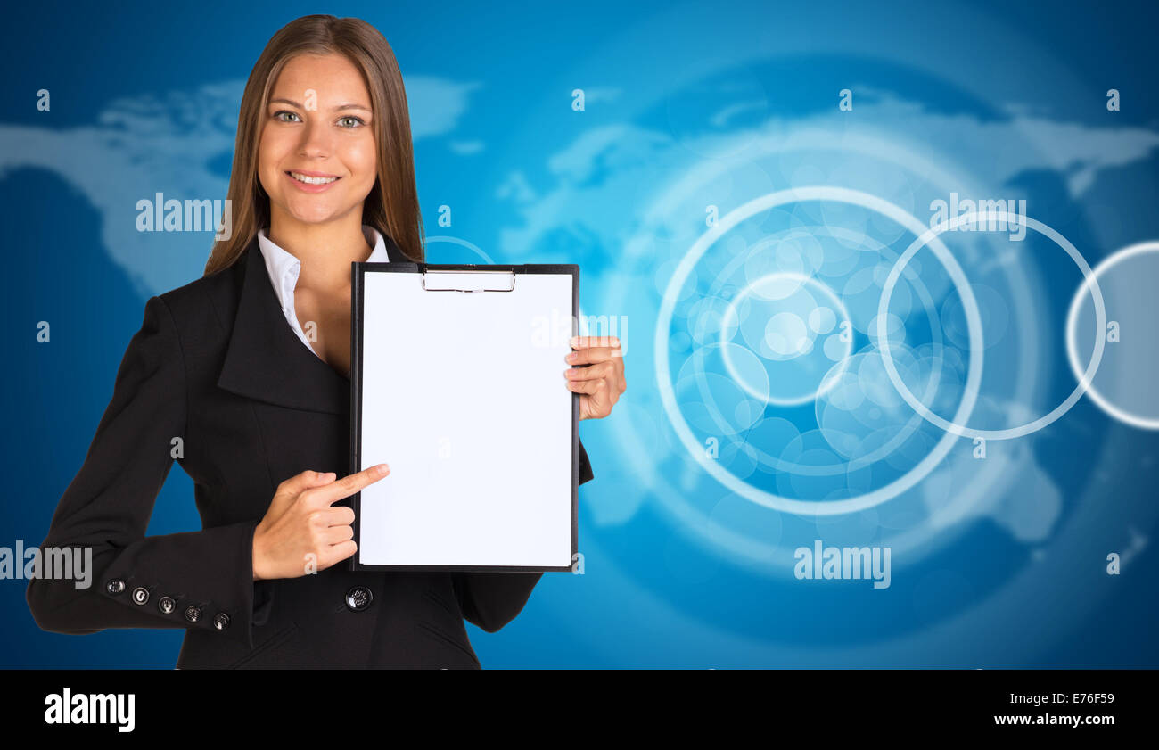 Businesswoman with empty circle frames and world map Stock Photo - Alamy