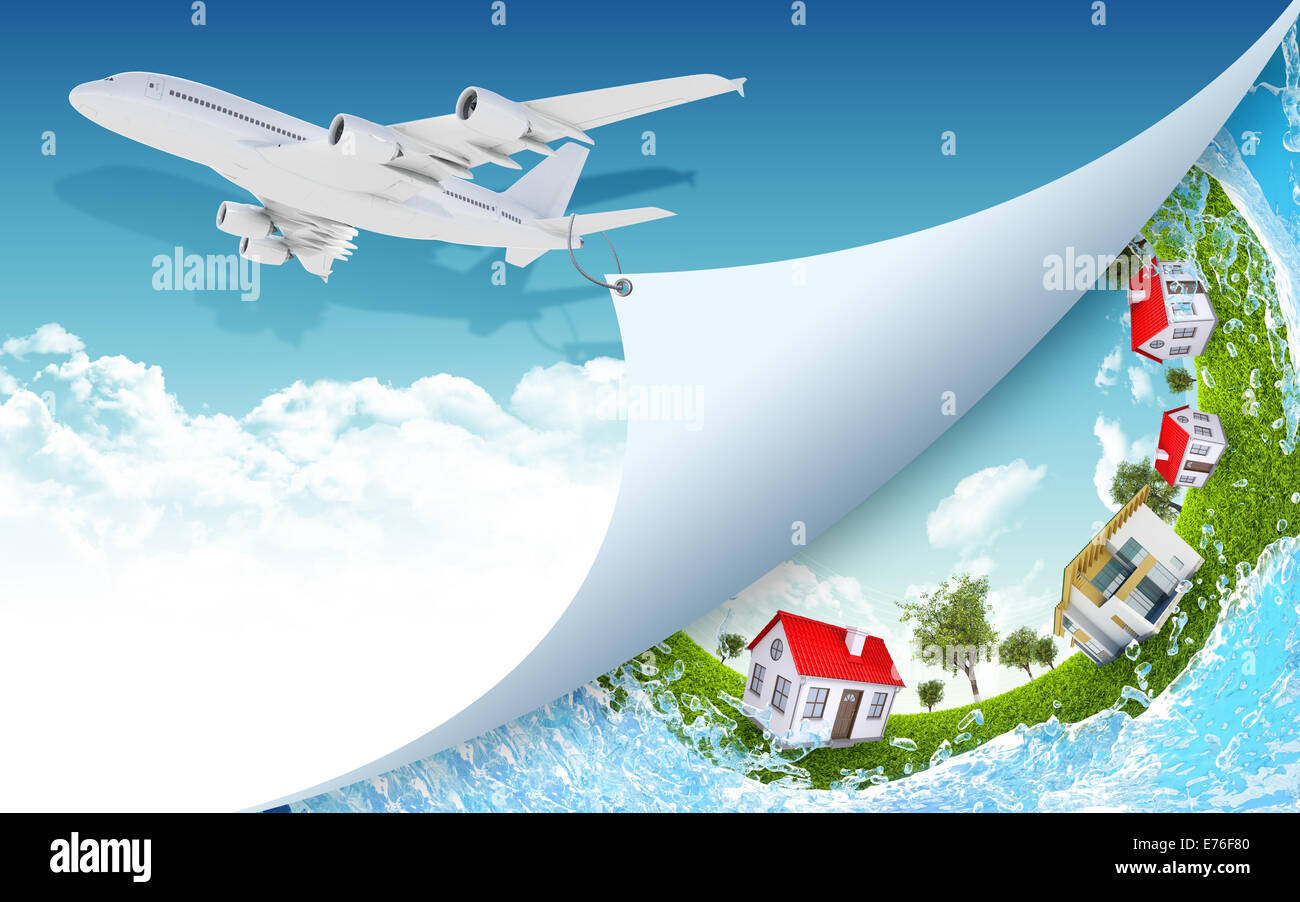 Airplane with nature landscape and houses Stock Photo - Alamy