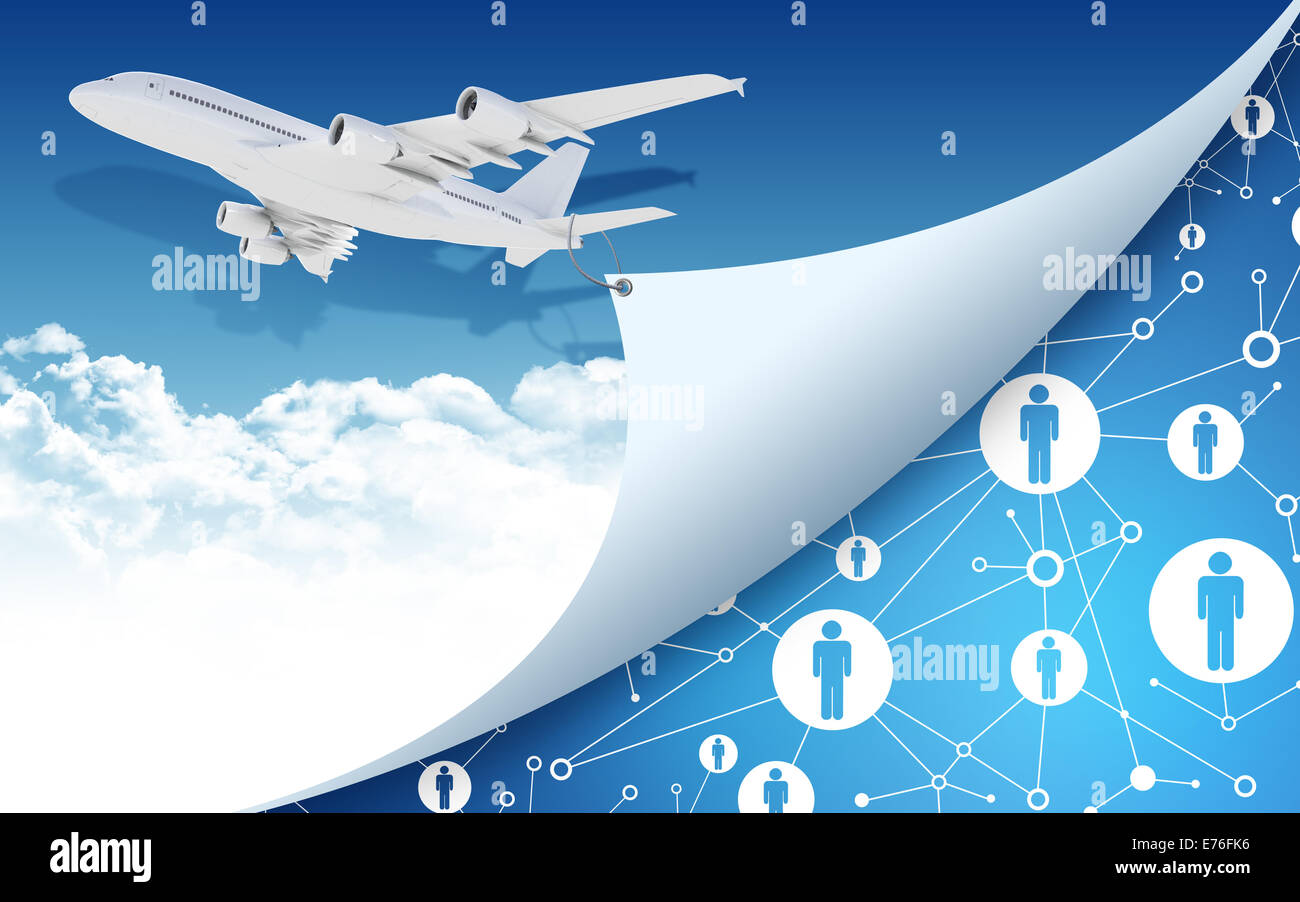 Airplane with network icons Stock Photo - Alamy