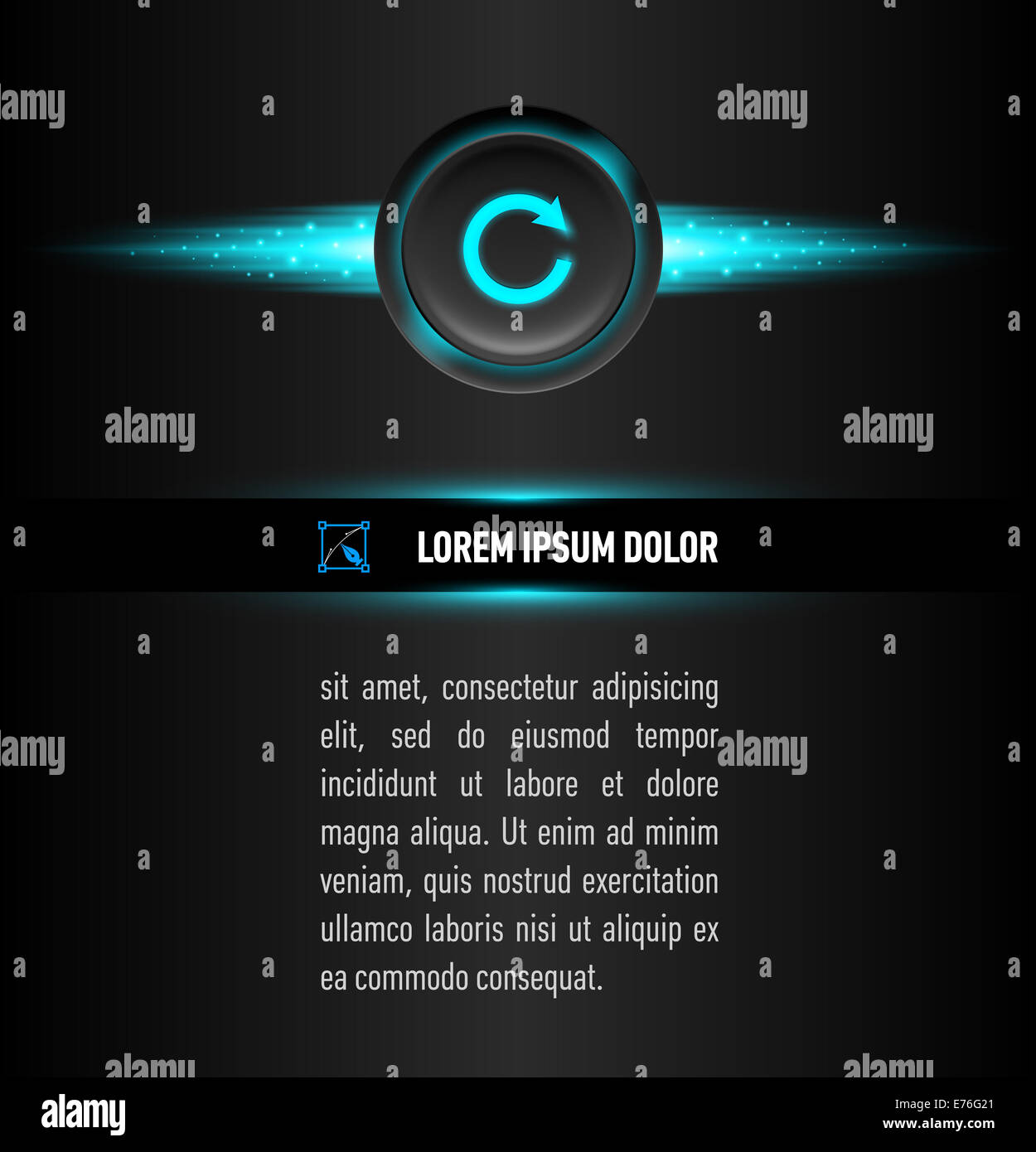 Text under button with sign on dark background. Aqua color backlight ...