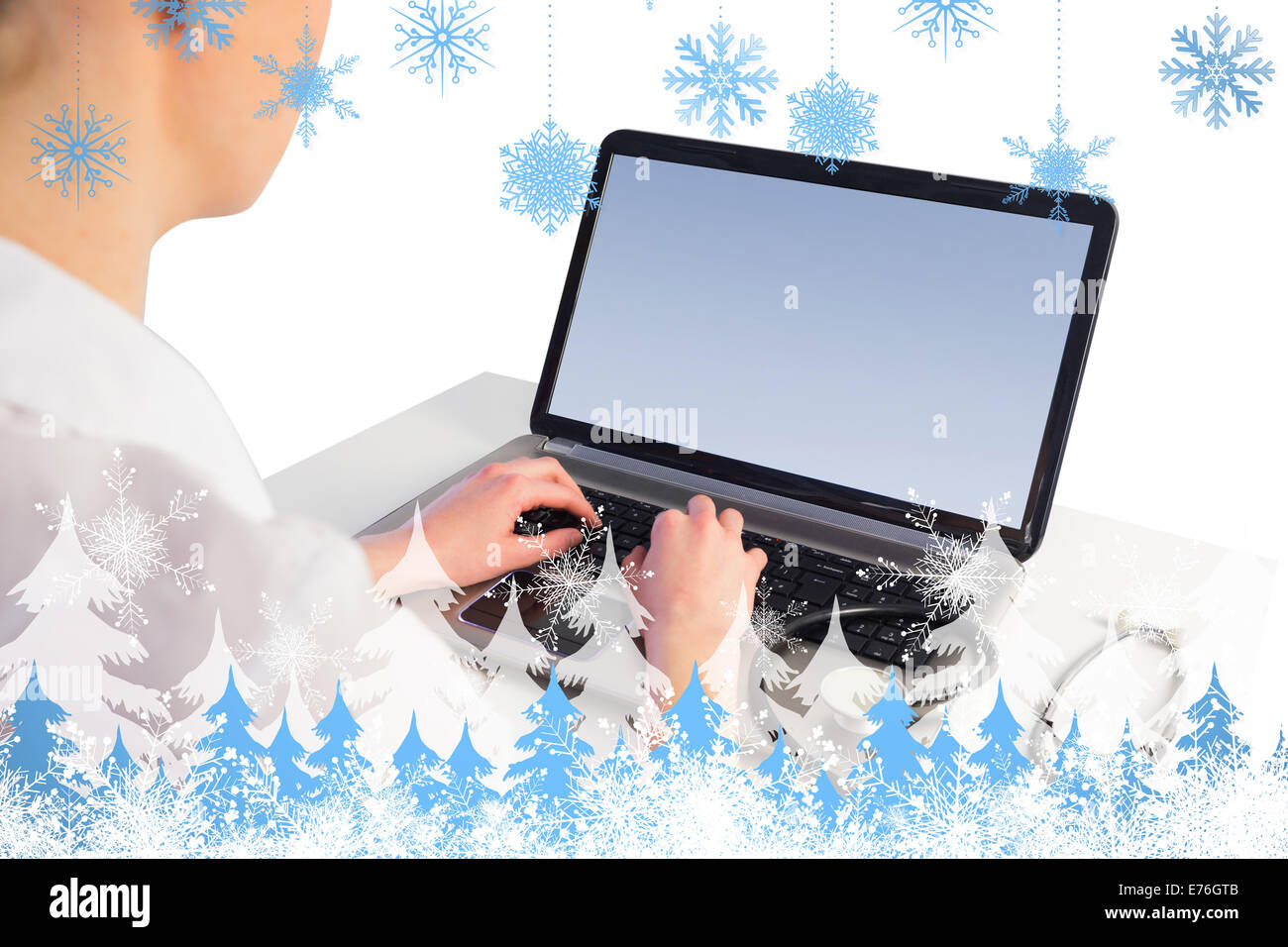 Composite image of businesswoman running computer diagnostics Stock ...