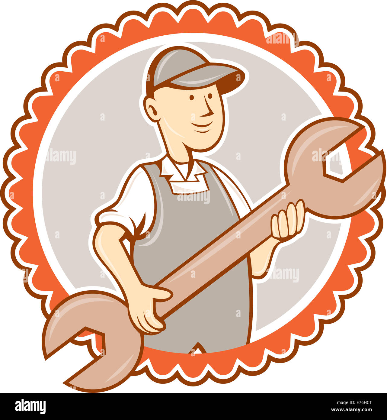Illustration of a mechanic holding spanner wrench facing front set ...