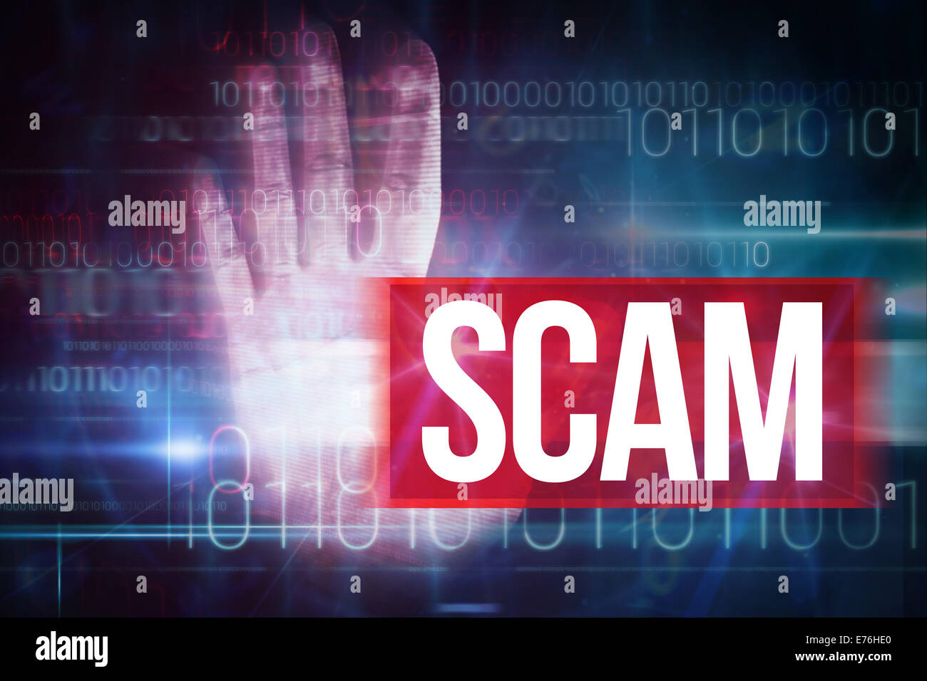 Scam against blue technology design with binary code Stock Photo - Alamy