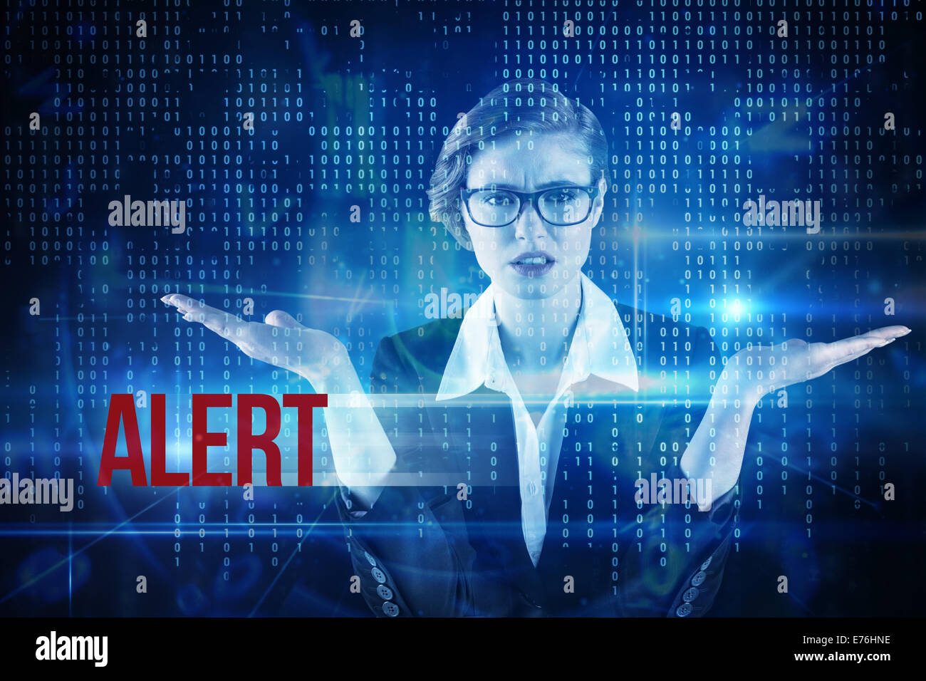 Alert against blue technology interface with binary code Stock Photo ...