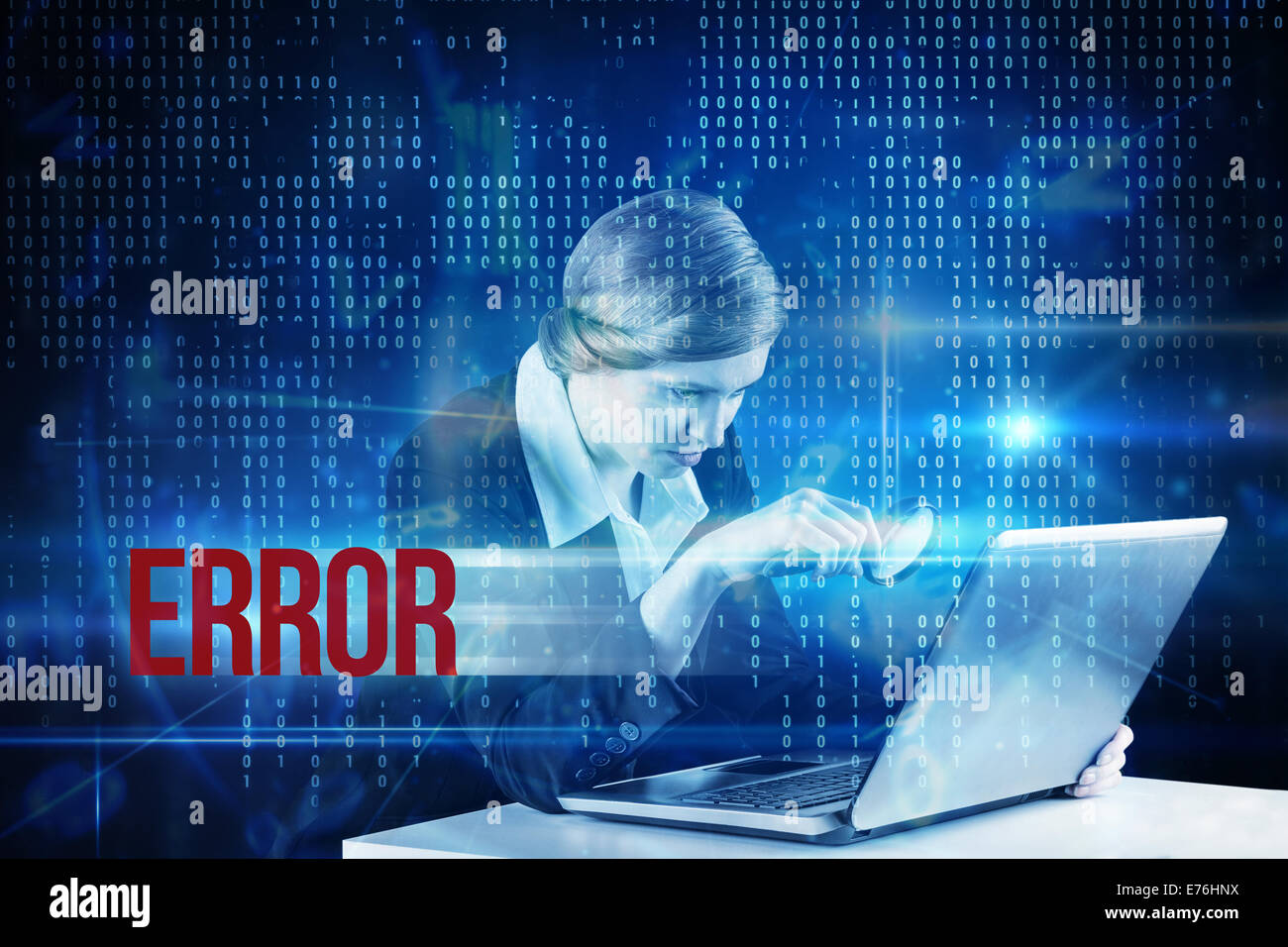 Error against blue technology interface with binary code Stock Photo ...