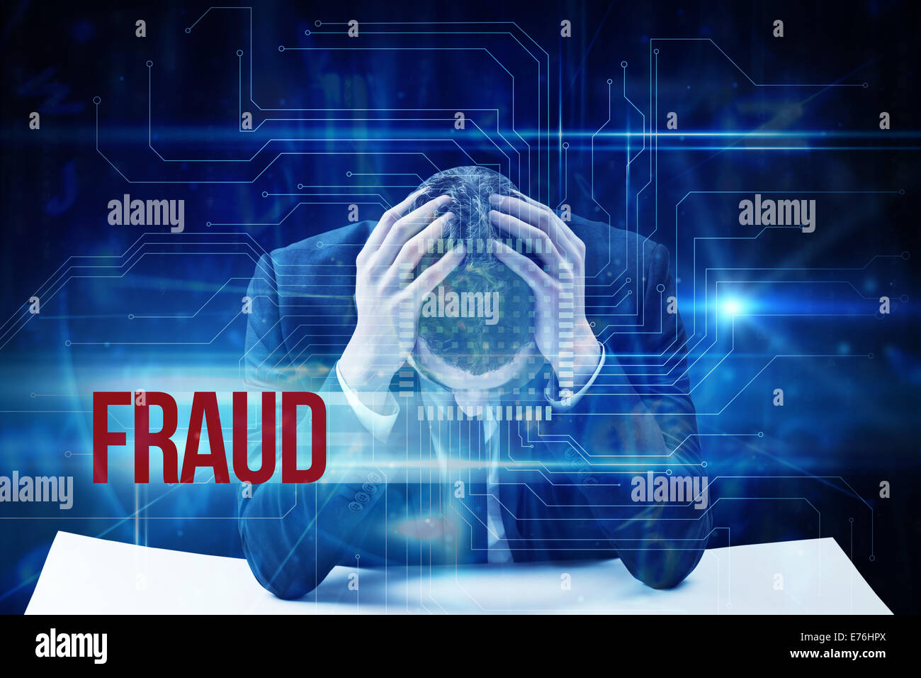 Fraud against blue technology interface with circuit board Stock Photo ...