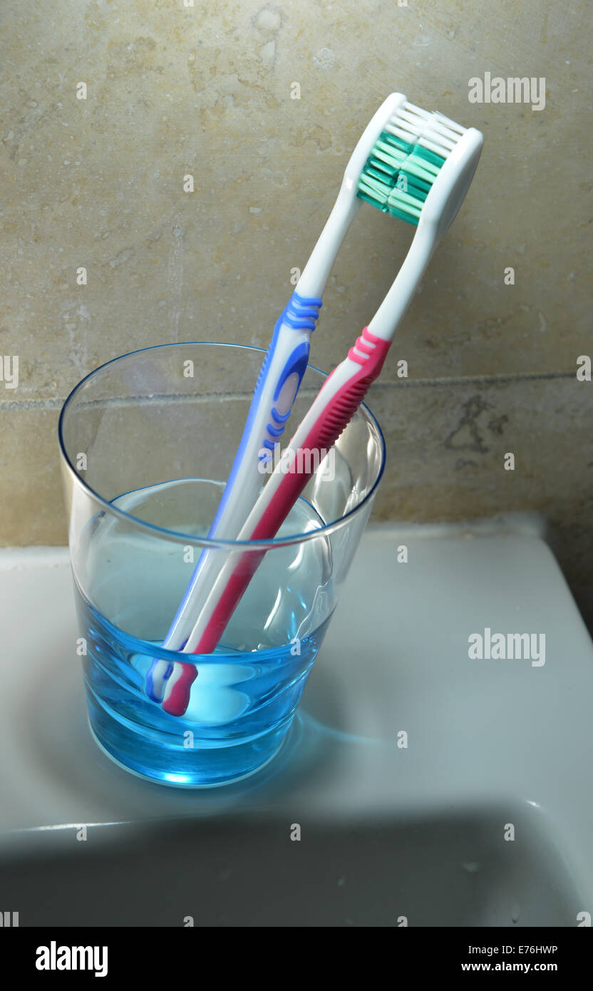 Pink and blue toothbrushes kissing Stock Photo - Alamy