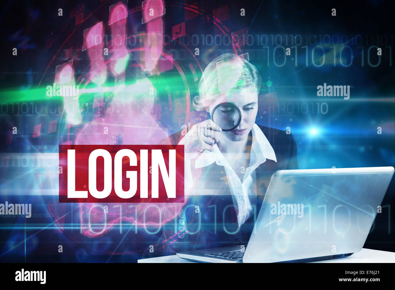 Login against red technology hand print design Stock Photo - Alamy
