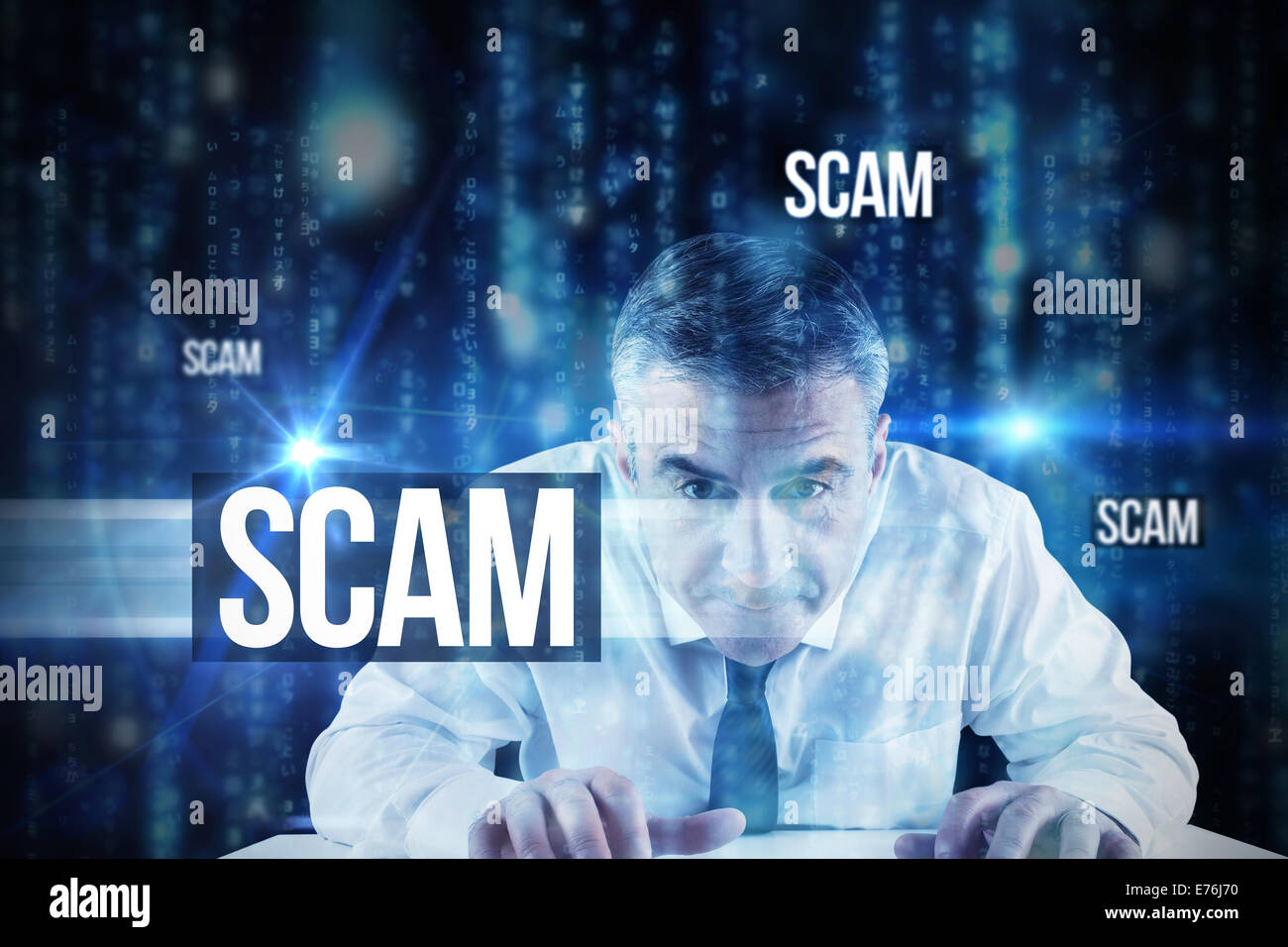 Scam against lines of blue blurred letters falling Stock Photo - Alamy
