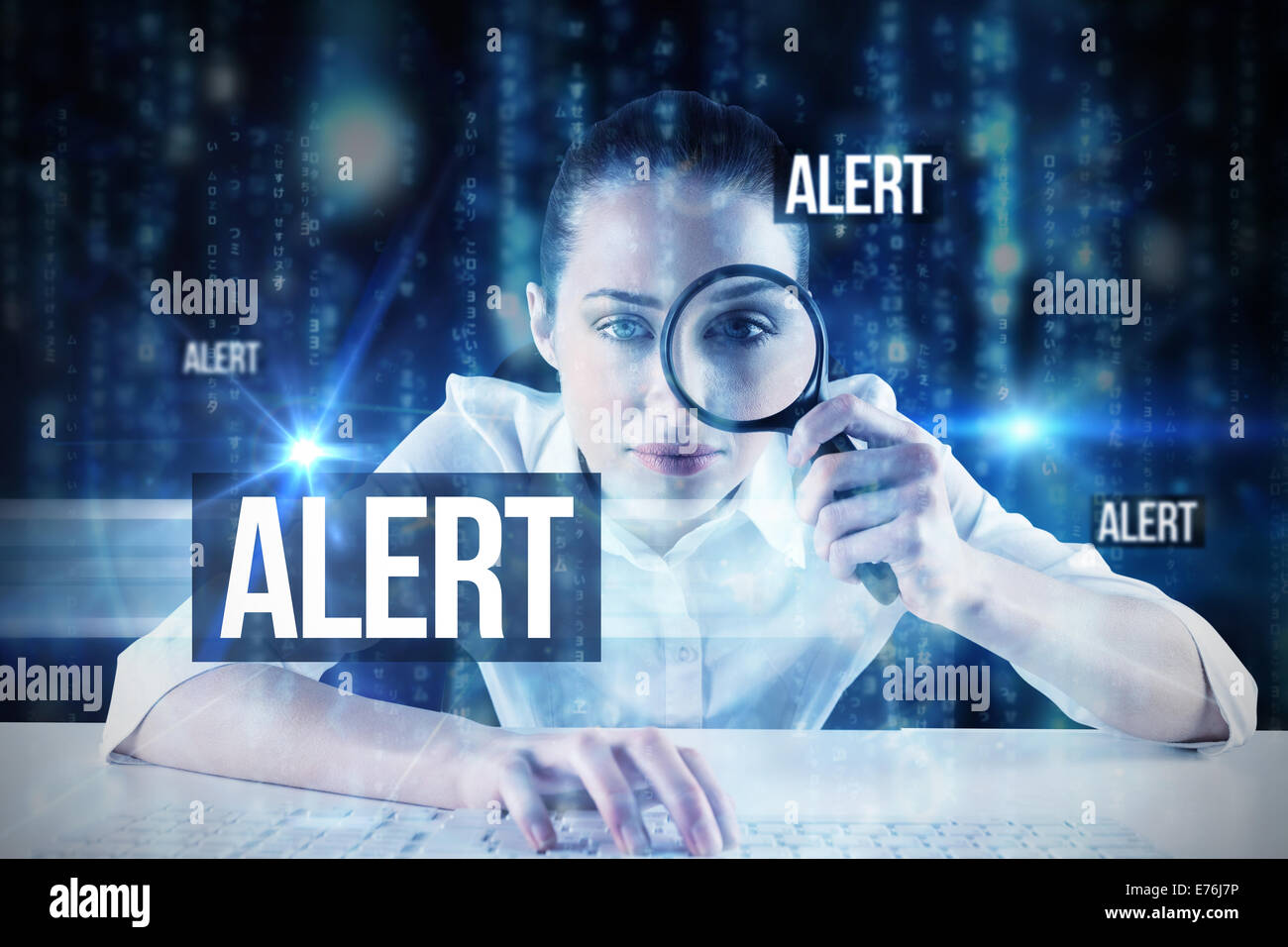 Alert against lines of blue blurred letters falling Stock Photo - Alamy