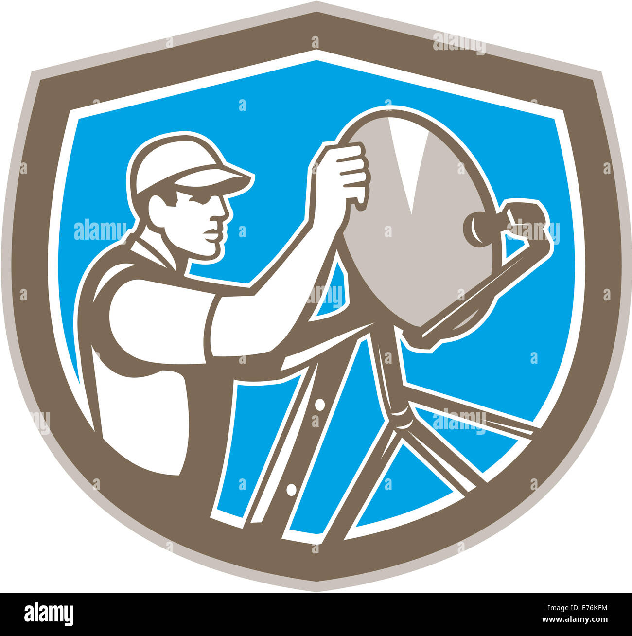 Illustration of a TV satellite dish installer set inside shield crest ...