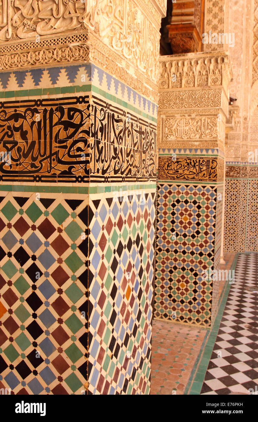 Fez Morocco intricate tile and calligraphic decoration in the courtyard ...