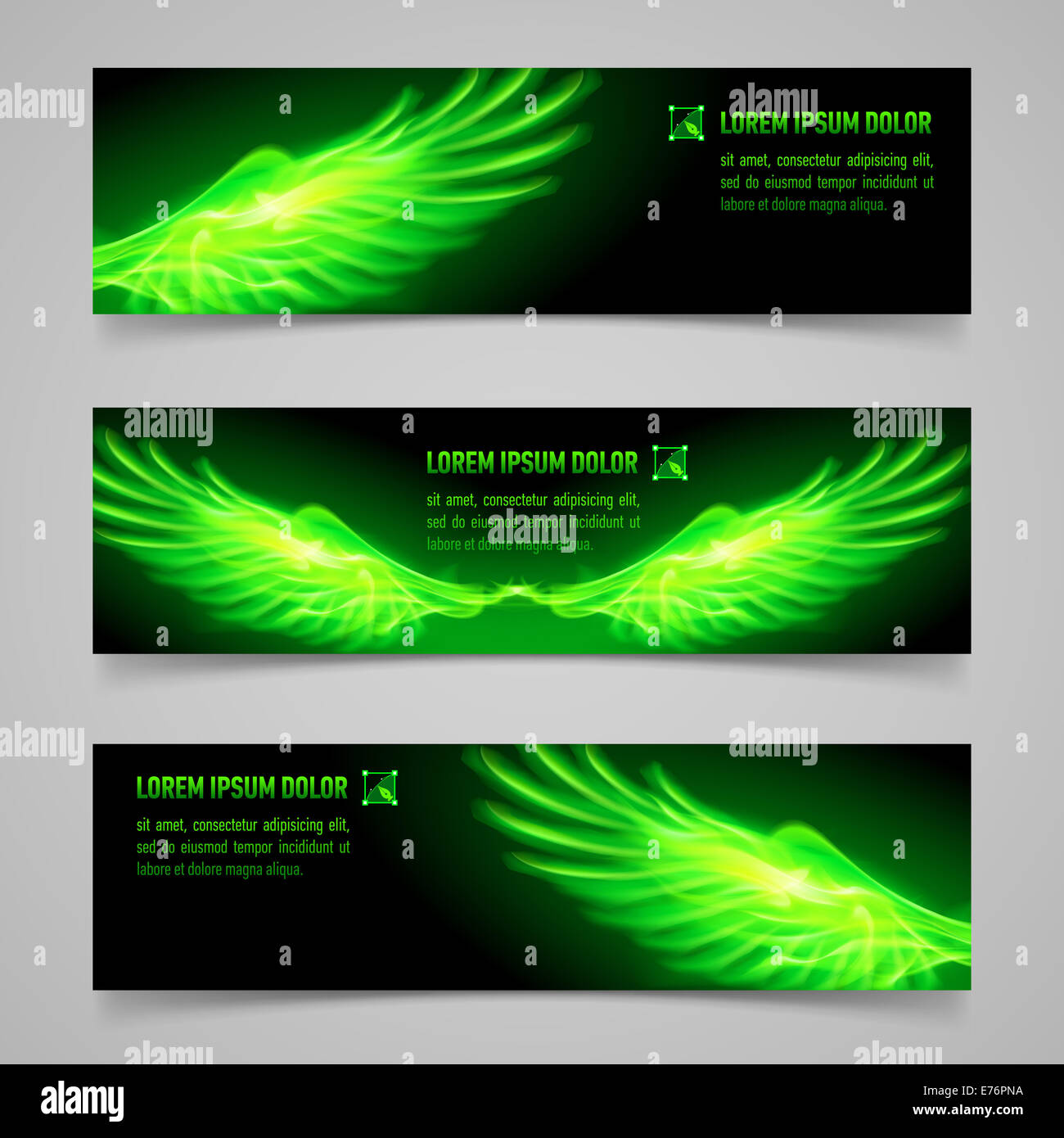 Set of mystic banners with green flaming wings Stock Photo - Alamy