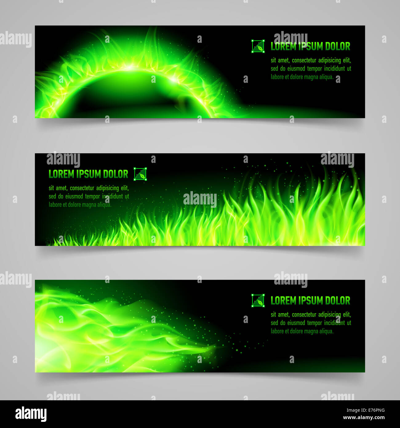 Set of mystic banners with green flame Stock Photo - Alamy