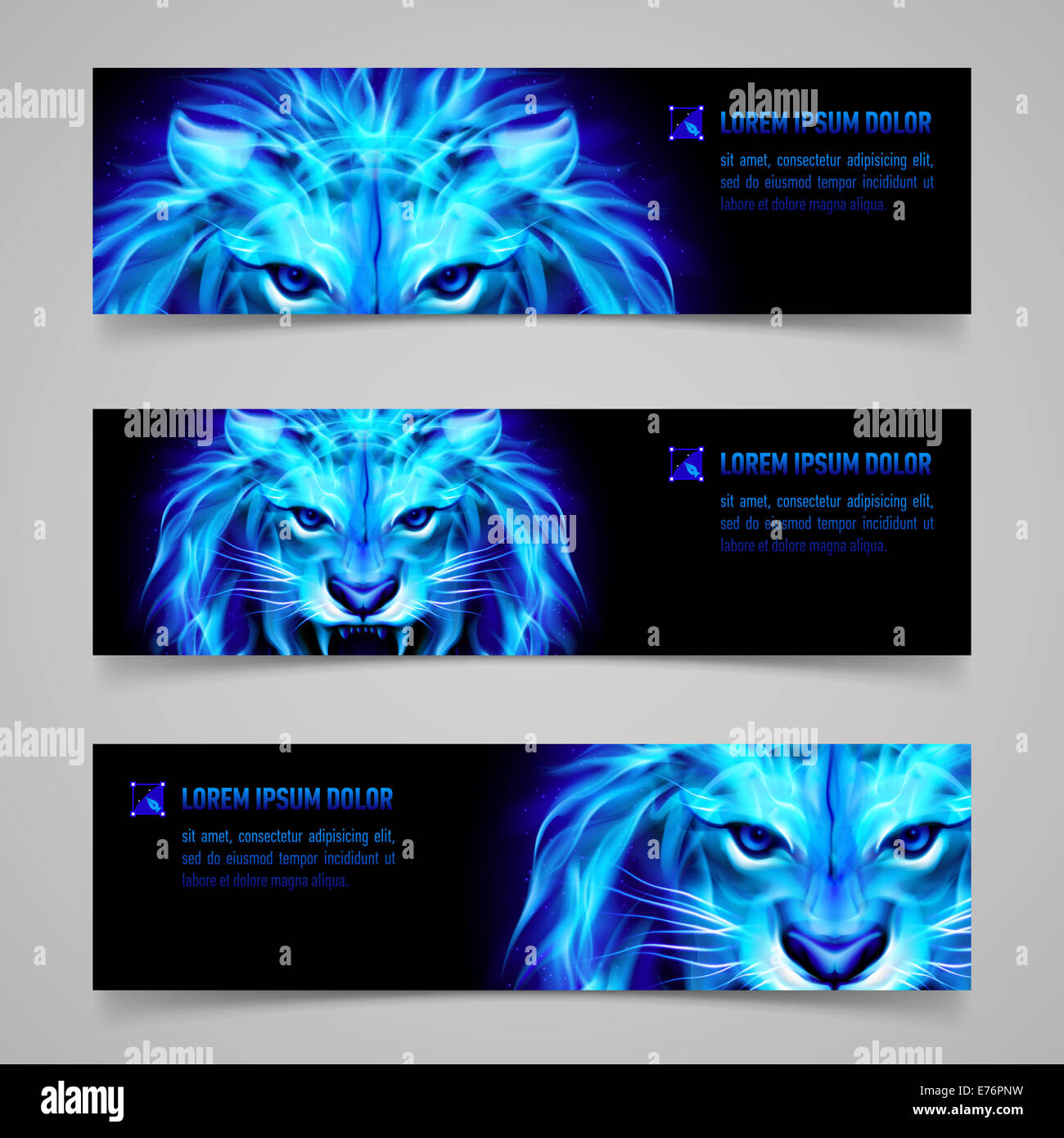 Set of banners with mystic lion in blue flame Stock Photo - Alamy