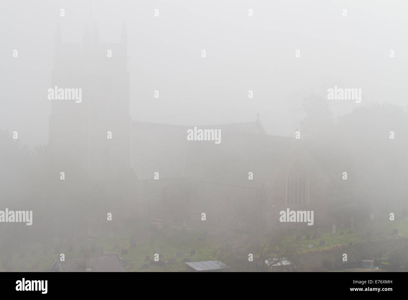 St Nicholas Church, Montgomery, through a thick fog. Powys, Wales ...