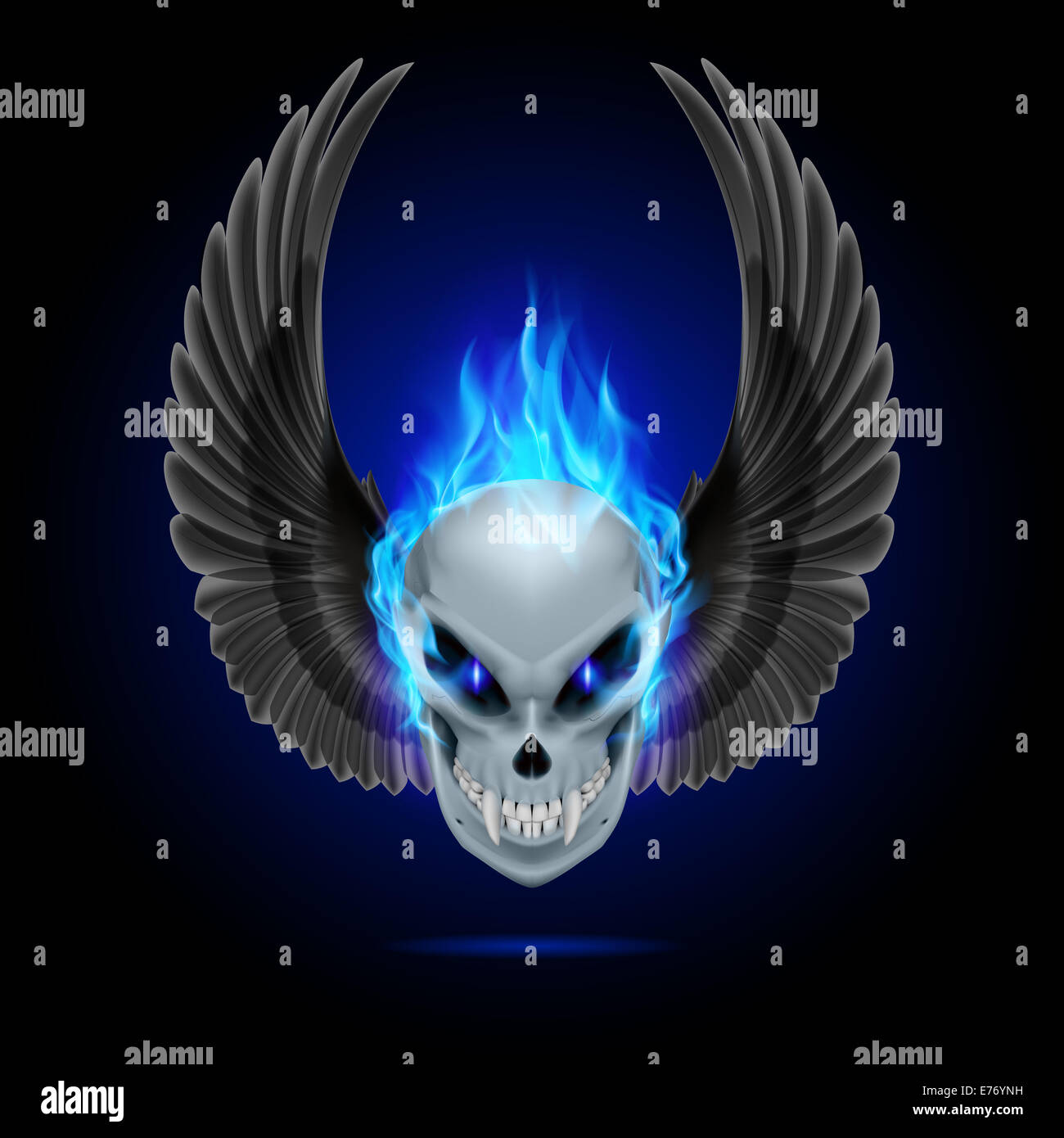 Mutant skull with long fangs, blue flame and raised wings Stock Photo ...