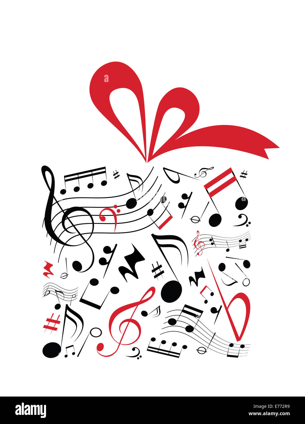 Music concept vector of gift box with red ribbon and full of music ...