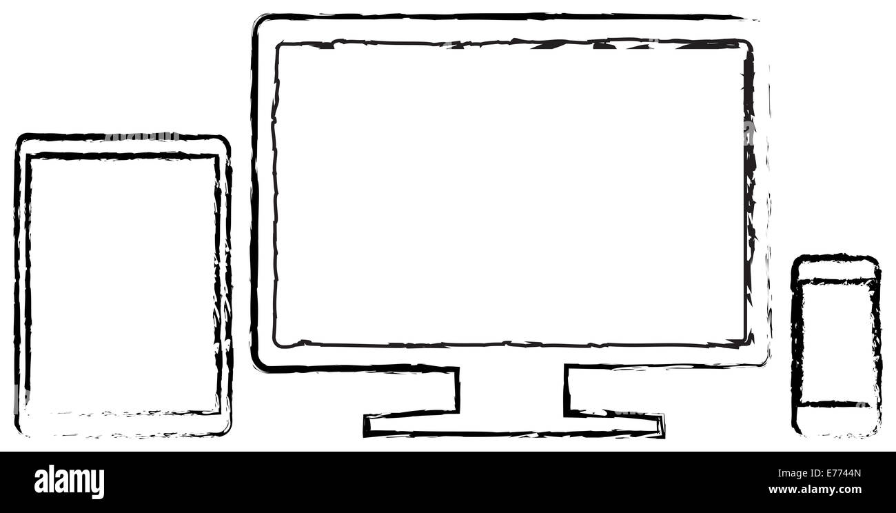 Modern Monitor With Smart Phone And Tablet Doodle Drawing On White ...