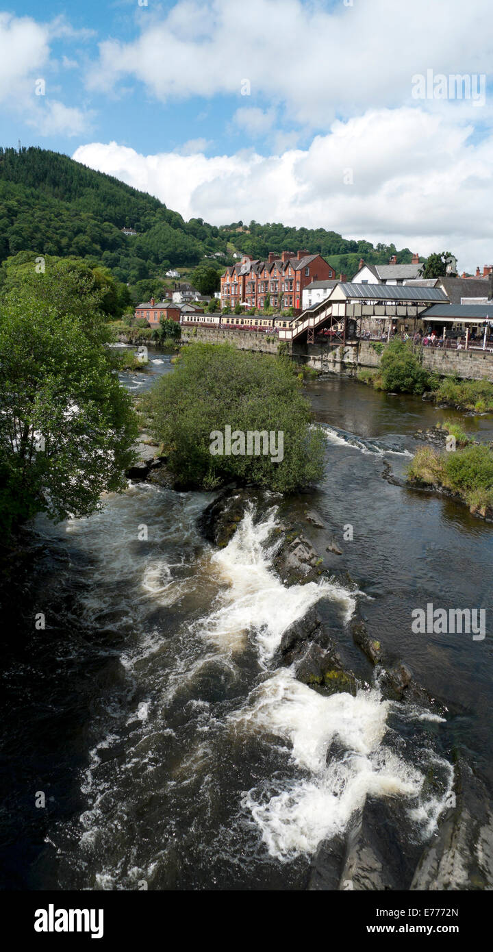 A view of Llangollen railway station and the River Dee in Denbighshire ...