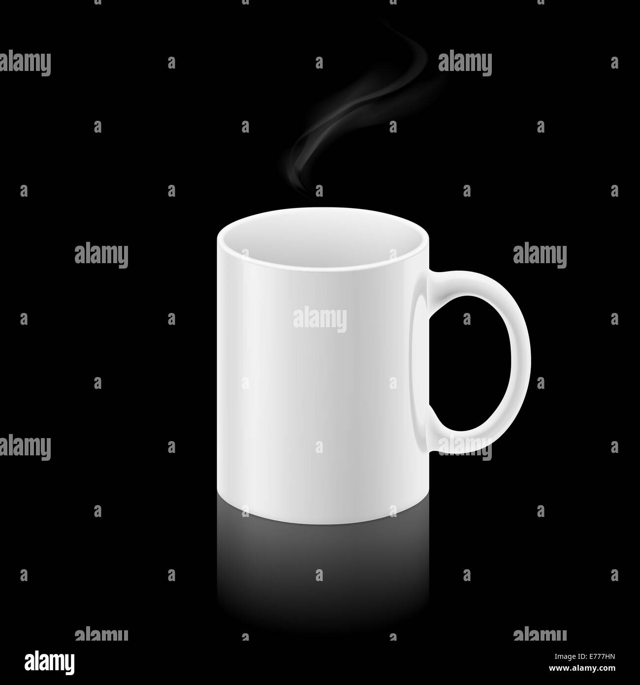 White office mug with a small stream of smoke above it on black ...