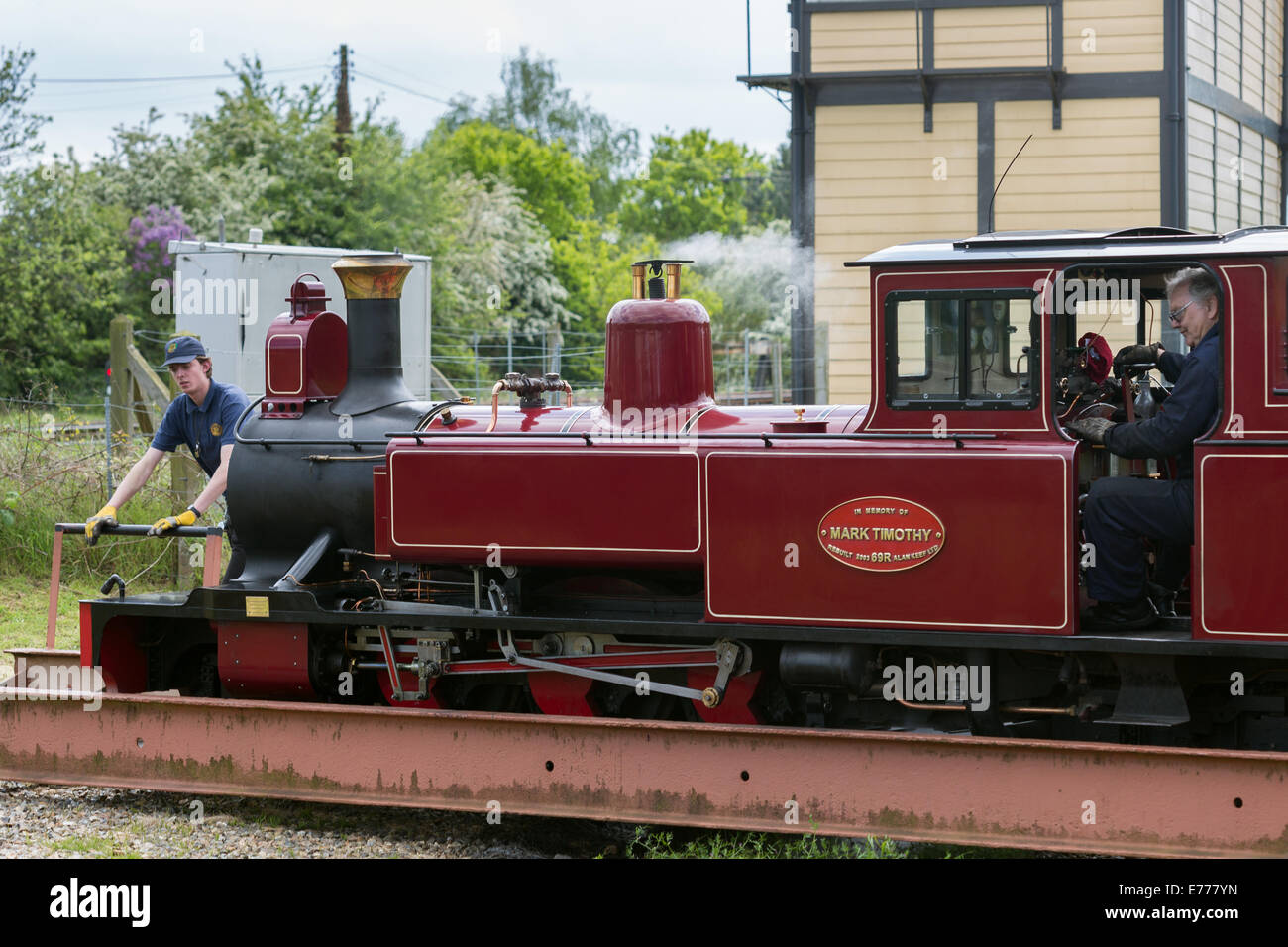 Narrow gauge railway locomotive on turntable. Wroxham Norfolk Broads ...