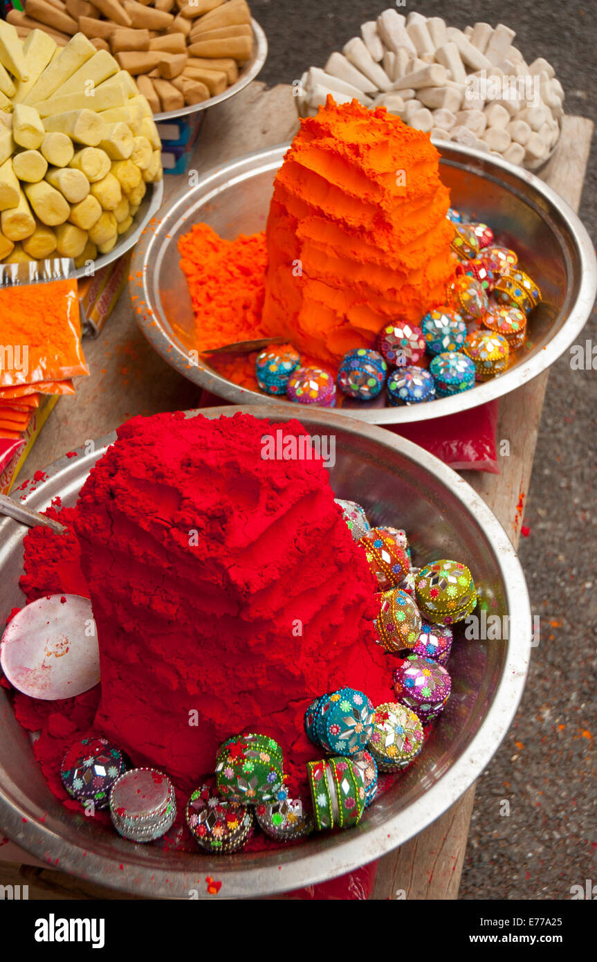 Bright red and orange tikka powder, Pushkar, Rajasthan, India Stock ...