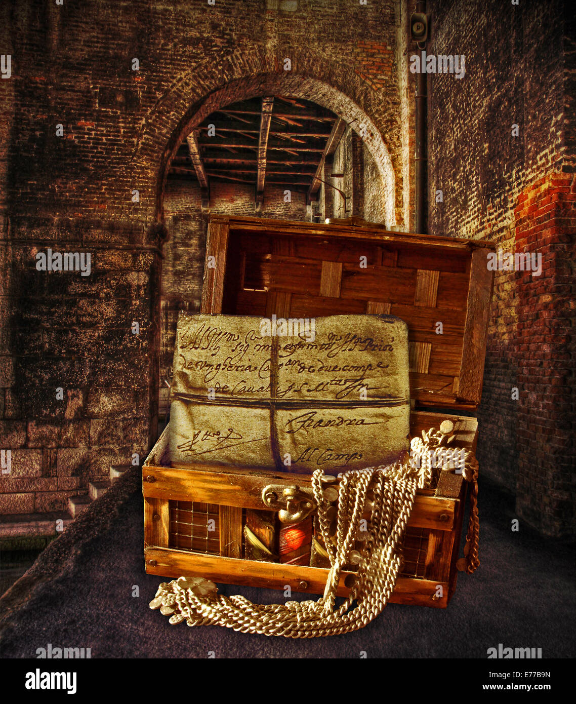 Fantasy still life, box with a parcel of manuscript letters and silver ...