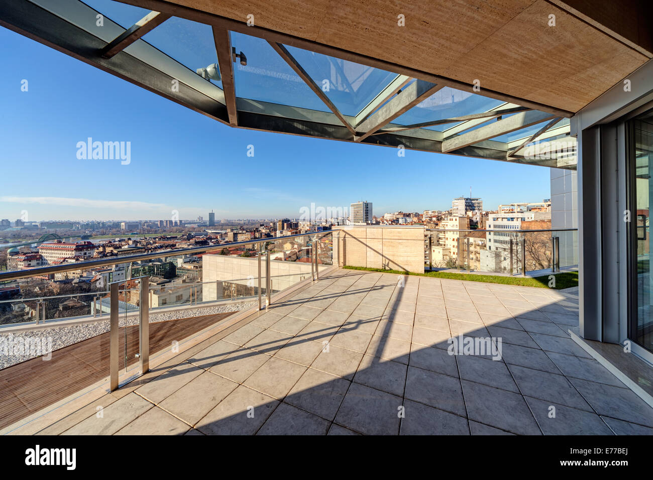 Terrace with metal and glass construction in modern building Stock ...