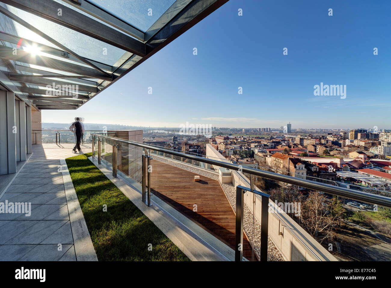 Terrace with metal and glass construction in modern building Stock ...