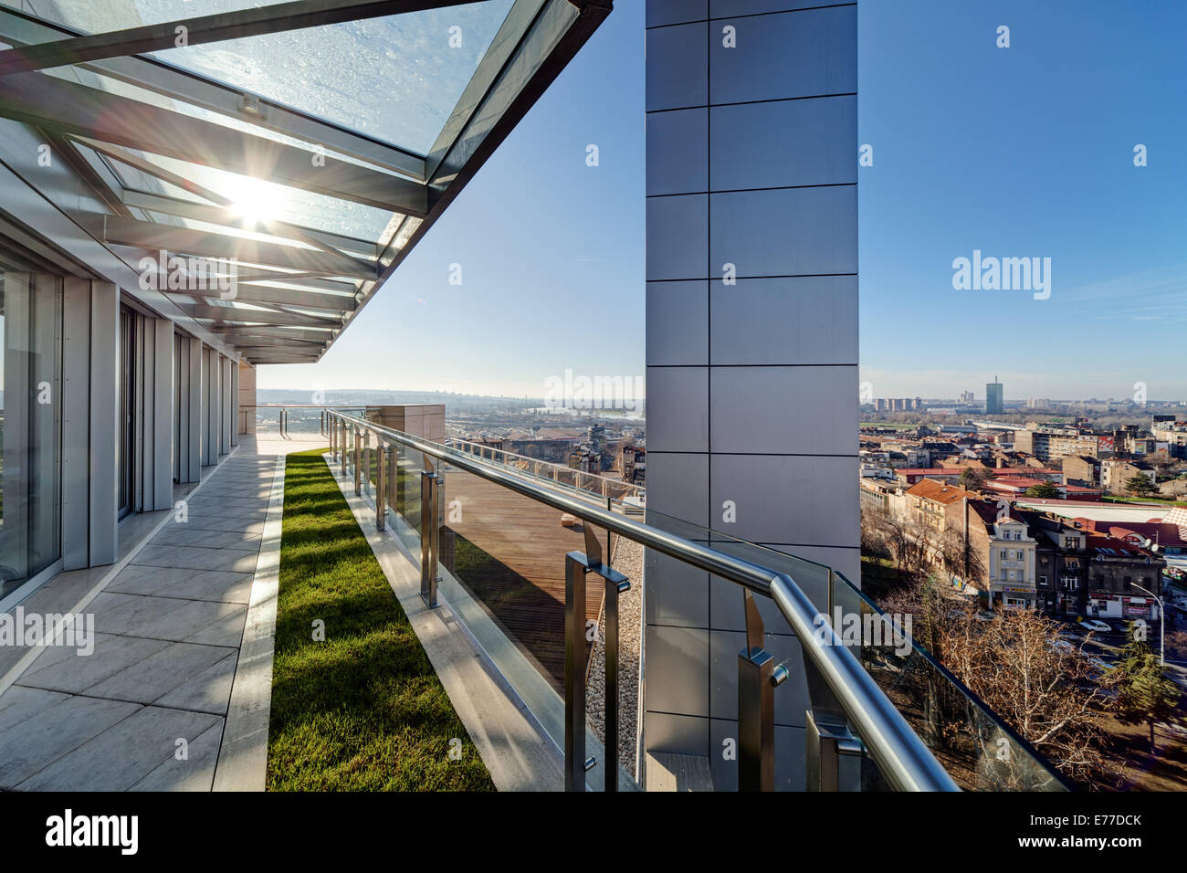 Terrace with metal and glass construction in modern building Stock ...