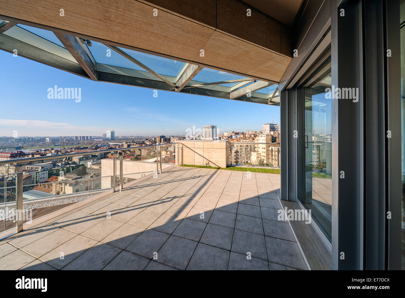 Terrace with metal and glass construction in modern building Stock ...