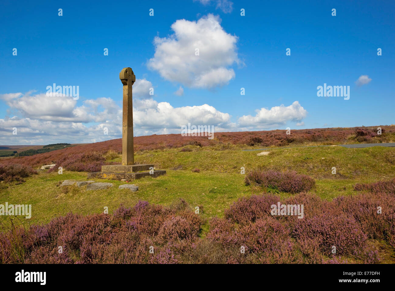 Old stone cross surrounded by grass and flowering heather on the North ...