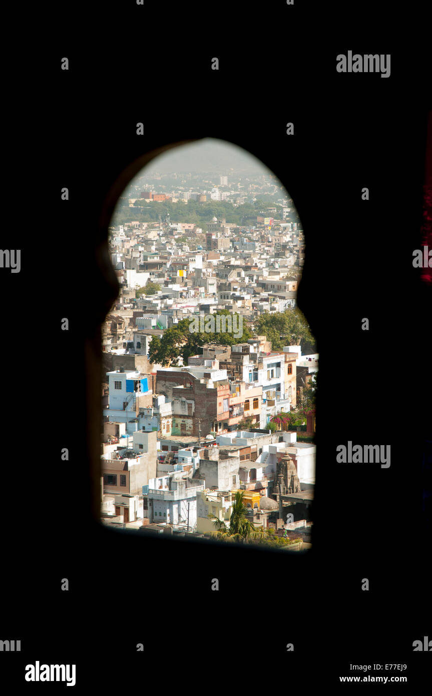 View from an arched window, City Palace, Udaipur, Rajasthan, India ...