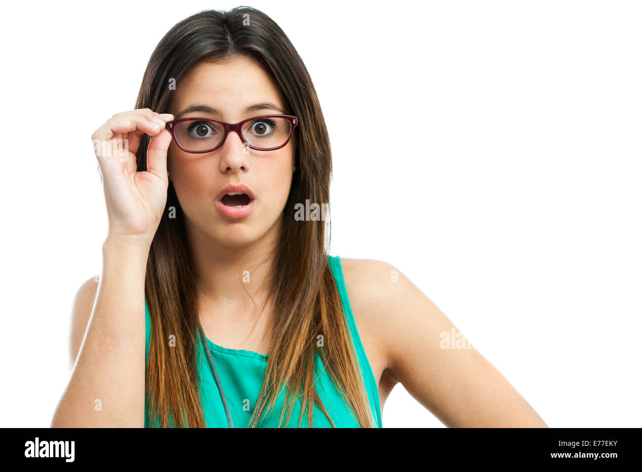 Portrait of cute teen girl with shocking face expression.Isolated on ...