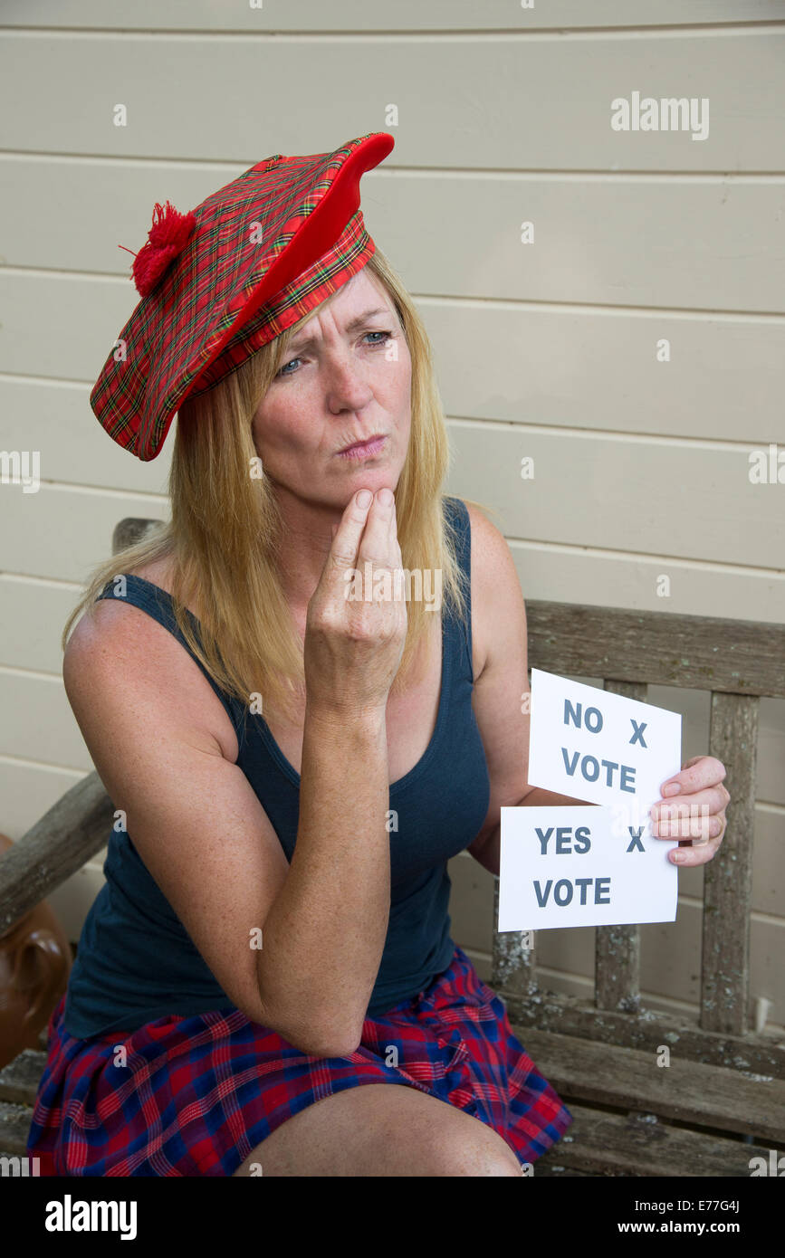Scottish Referendum undecided female voter Yes or No. Wearing a Tam o ...
