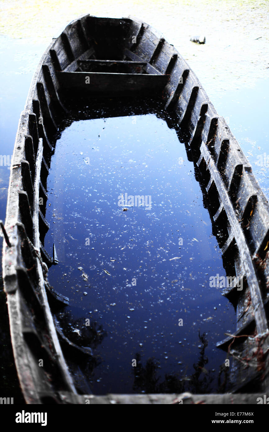 A boat filled with water on a river bank Stock Photo - Alamy