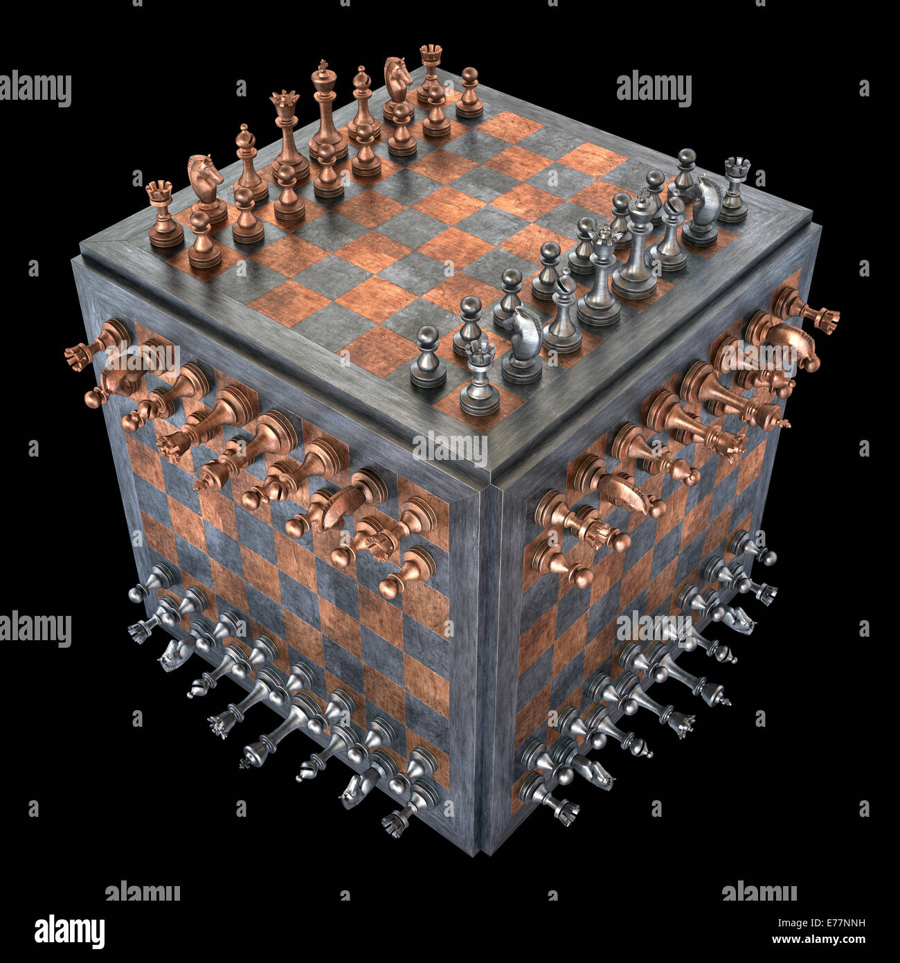 Chessboard in format of cube with pieces of metal. Clipping path ...