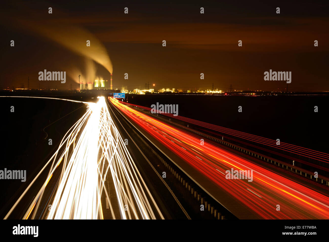 Long exposure at night, light trails on the A38 motorway, Schkopau ...