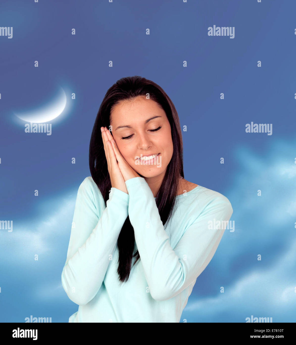 Pretty brunette woman sleeping in the night Stock Photo - Alamy