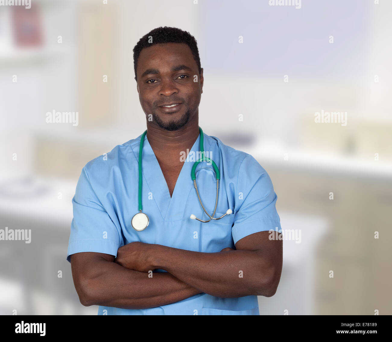African american doctor with blue uniform in the hospital Stock Photo ...